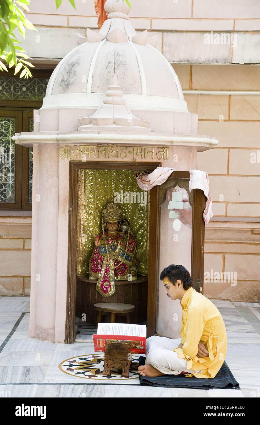 Man reading holy book in front of hanuman temple, mathura, uttar ...
