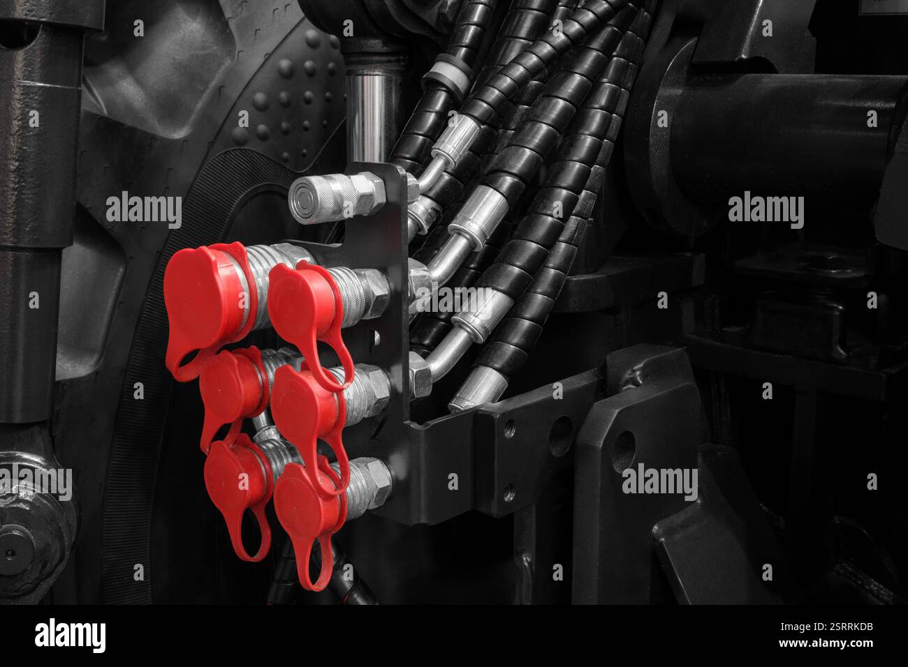 hydraulic drives of industrial high power machine, many pipes are ...