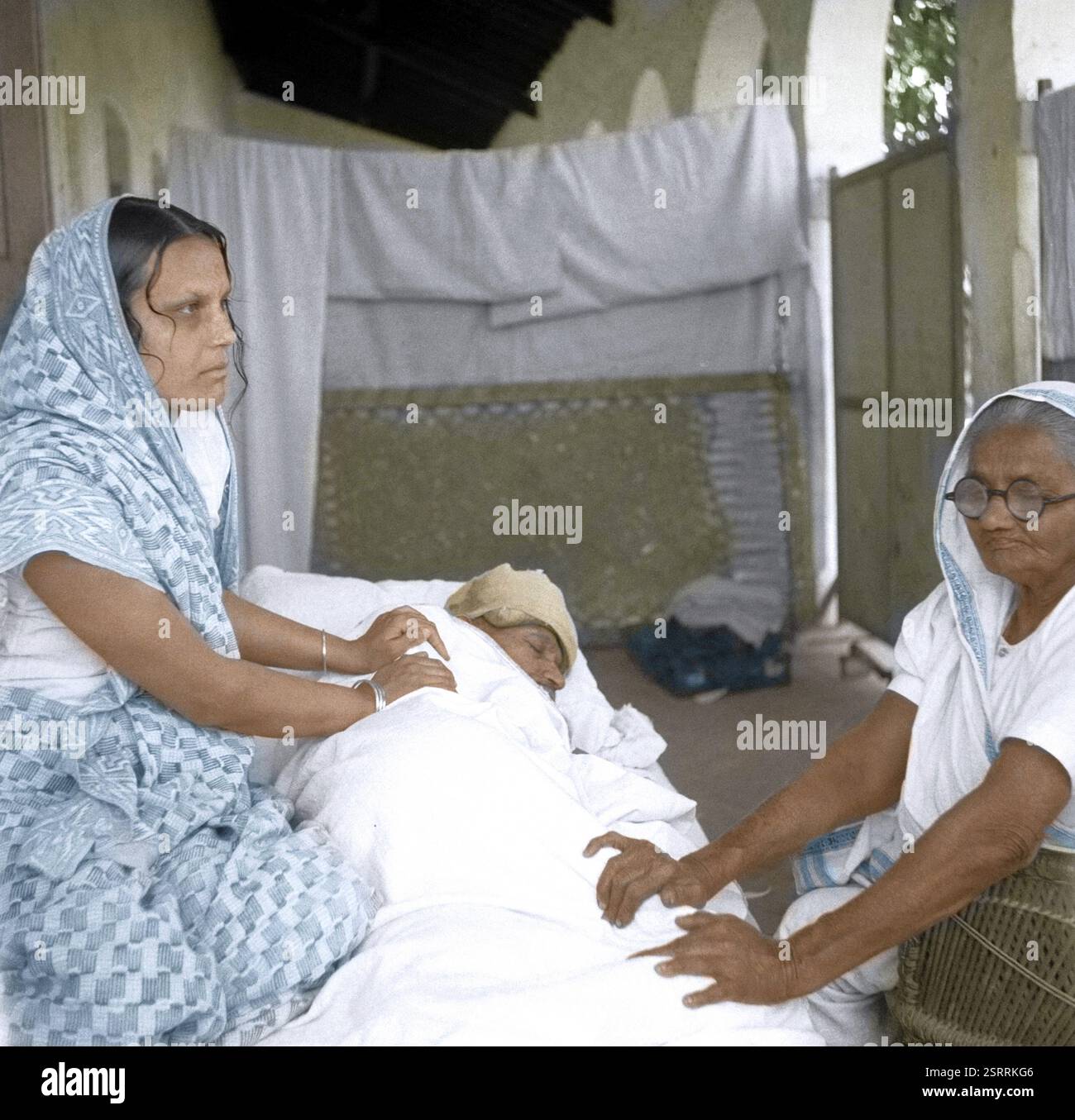 Mahatma Gandhi during fast massage by Vijayalaxmi Gandhi and Raliatbehn ...