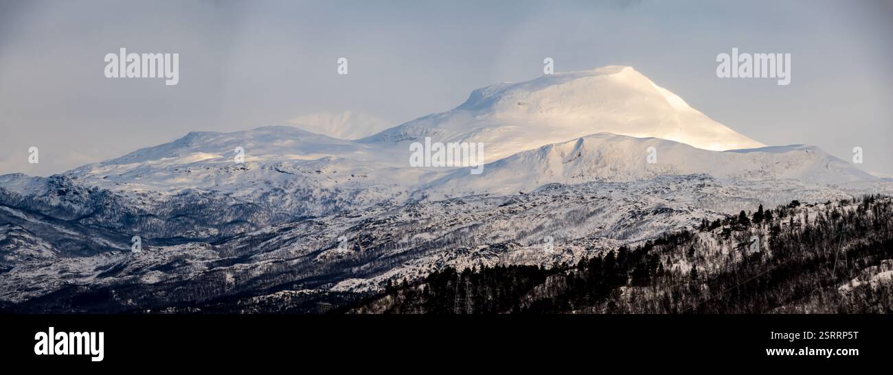 Panorama for peaks of snowy mountains seen from the top of ...