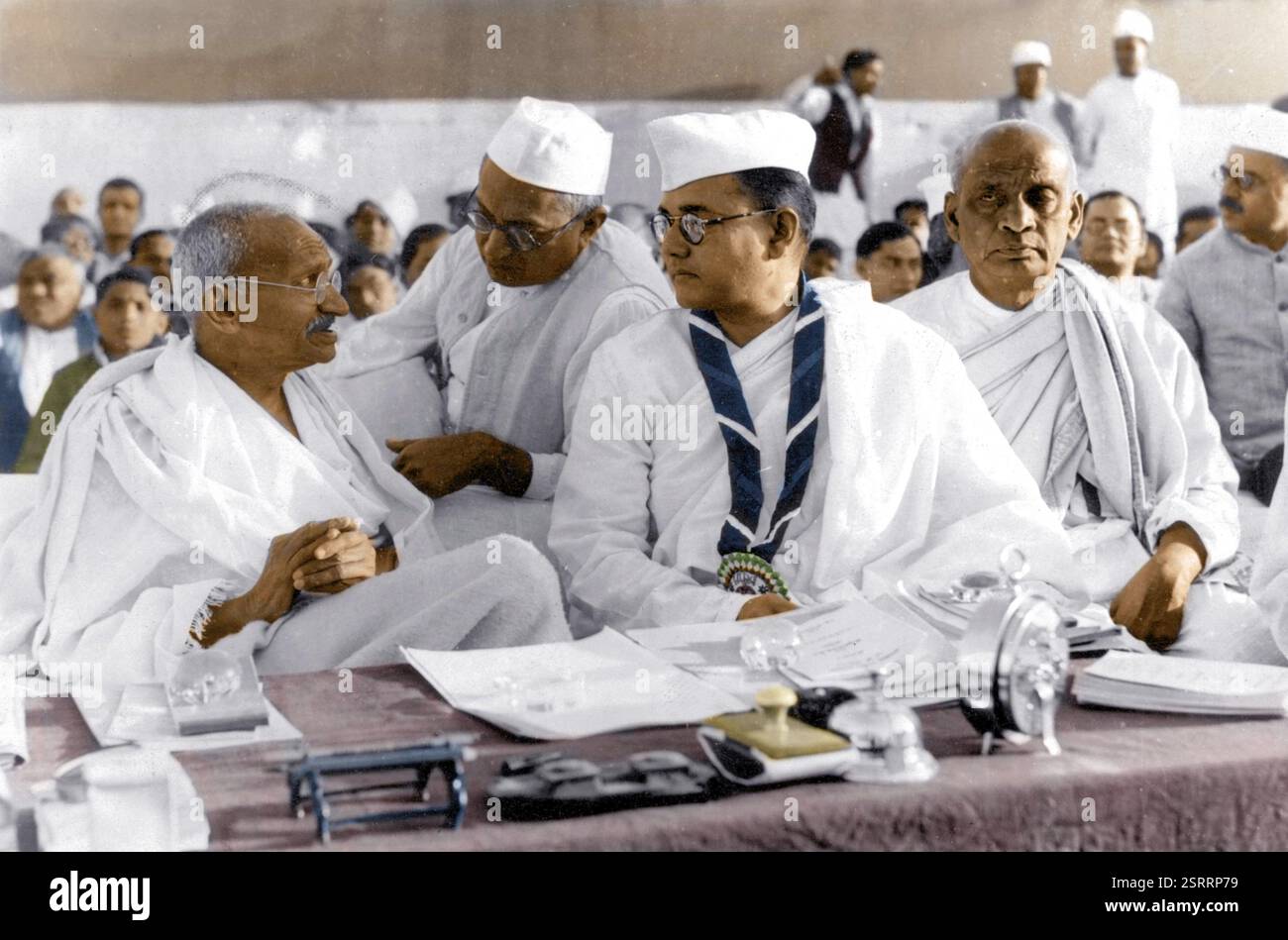 Mahatma Gandhi on dais with others during Haripura Congress, Gujarat ...