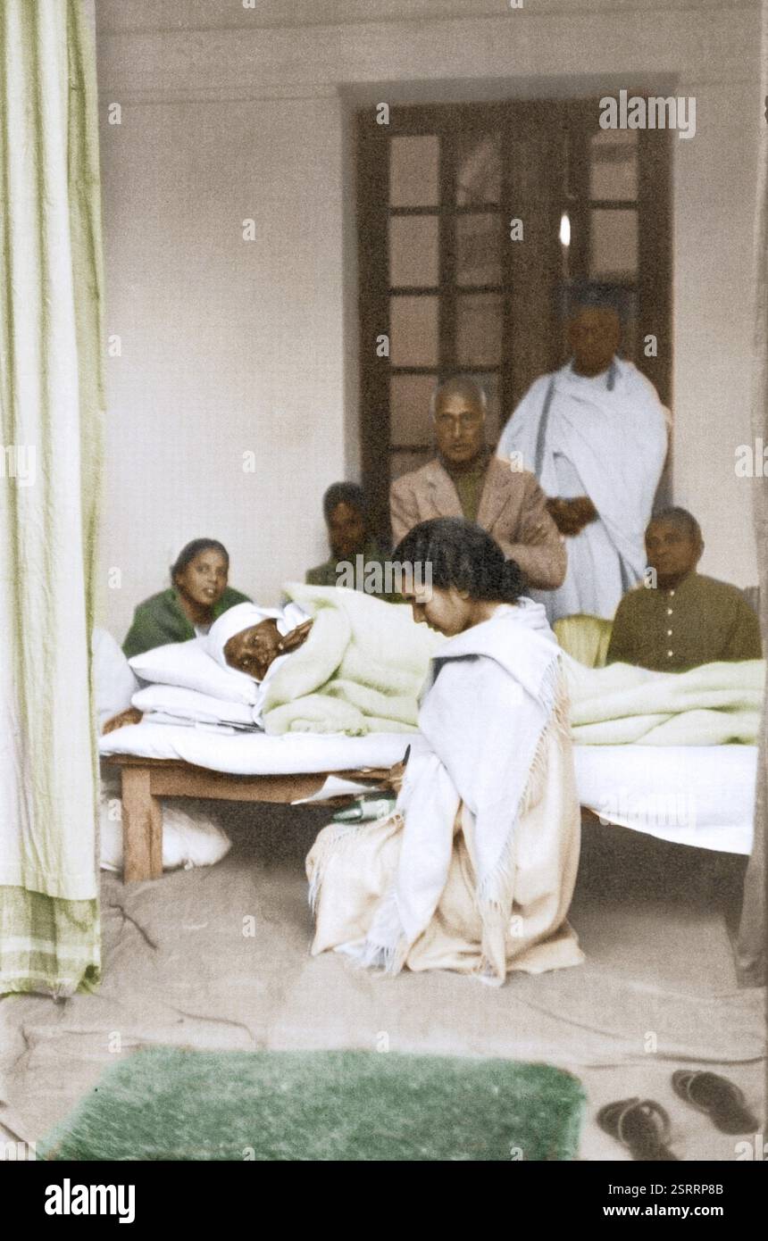 Mahatma Gandhi fasting lying in bed, Birla House, Delhi, India, Asia ...