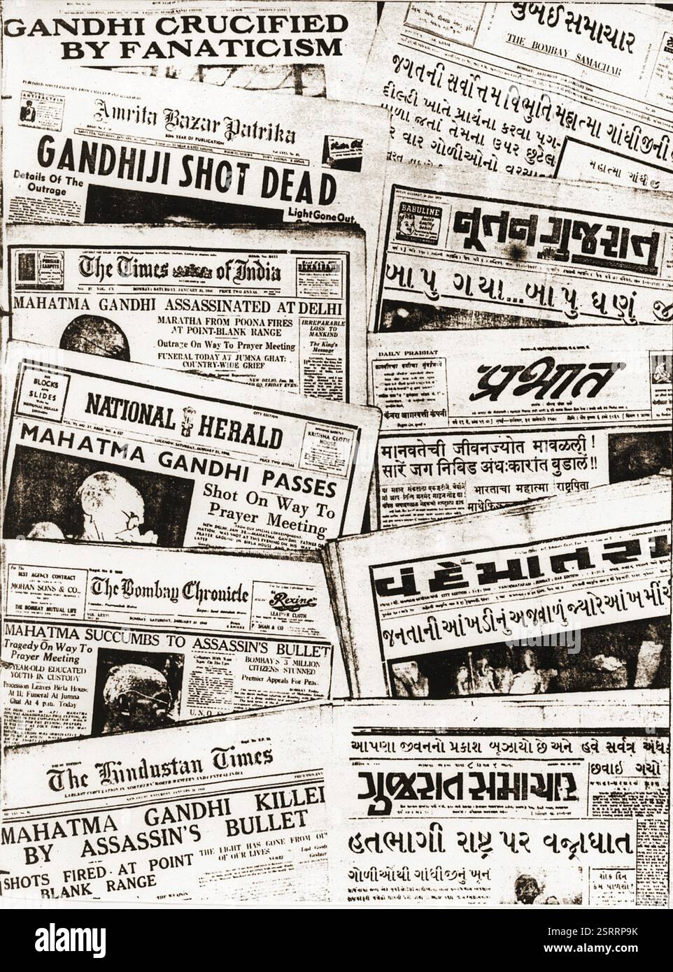 Collage of newspapers reporting Mahatma Gandhi assassination, India ...
