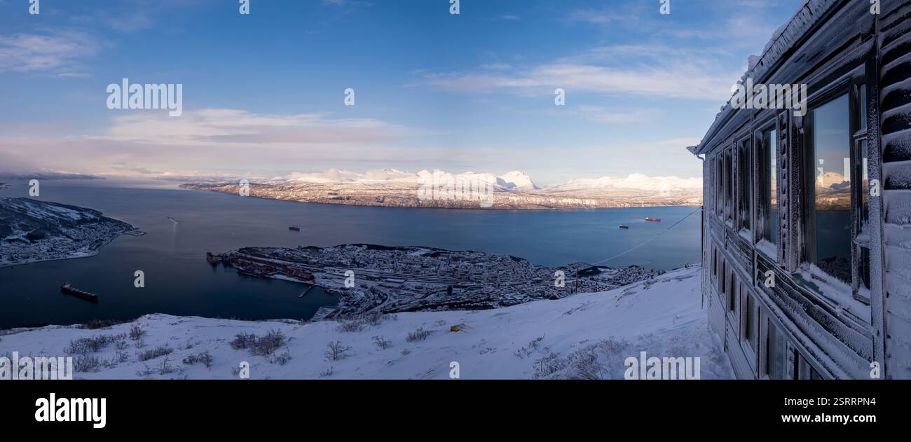 Narvik, Norway - March, 2023: Aerial view of Narvik city from the top station of the mountain ...