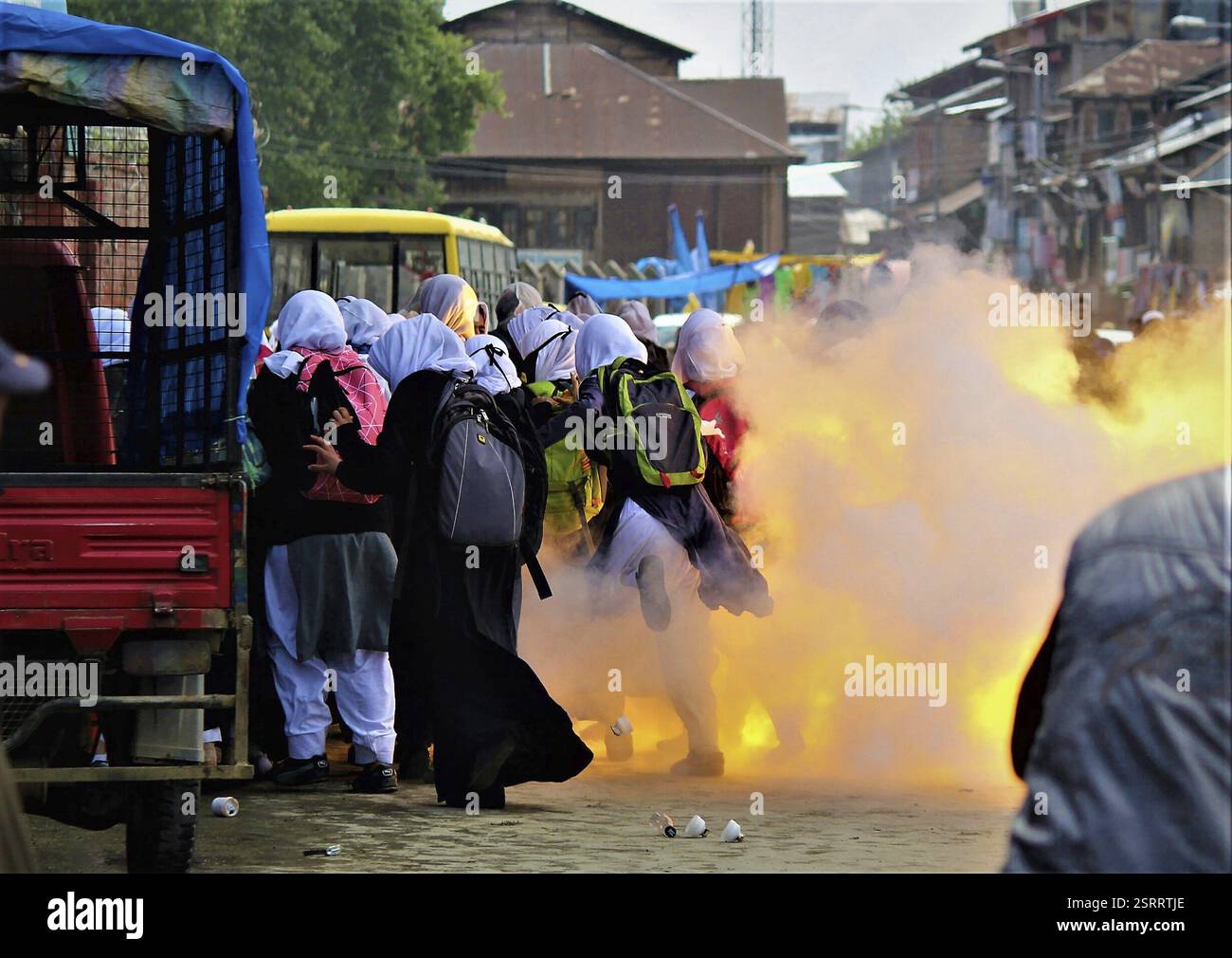 Tear gas shell explodes near Kashmiri students protest, Kashmir, India ...