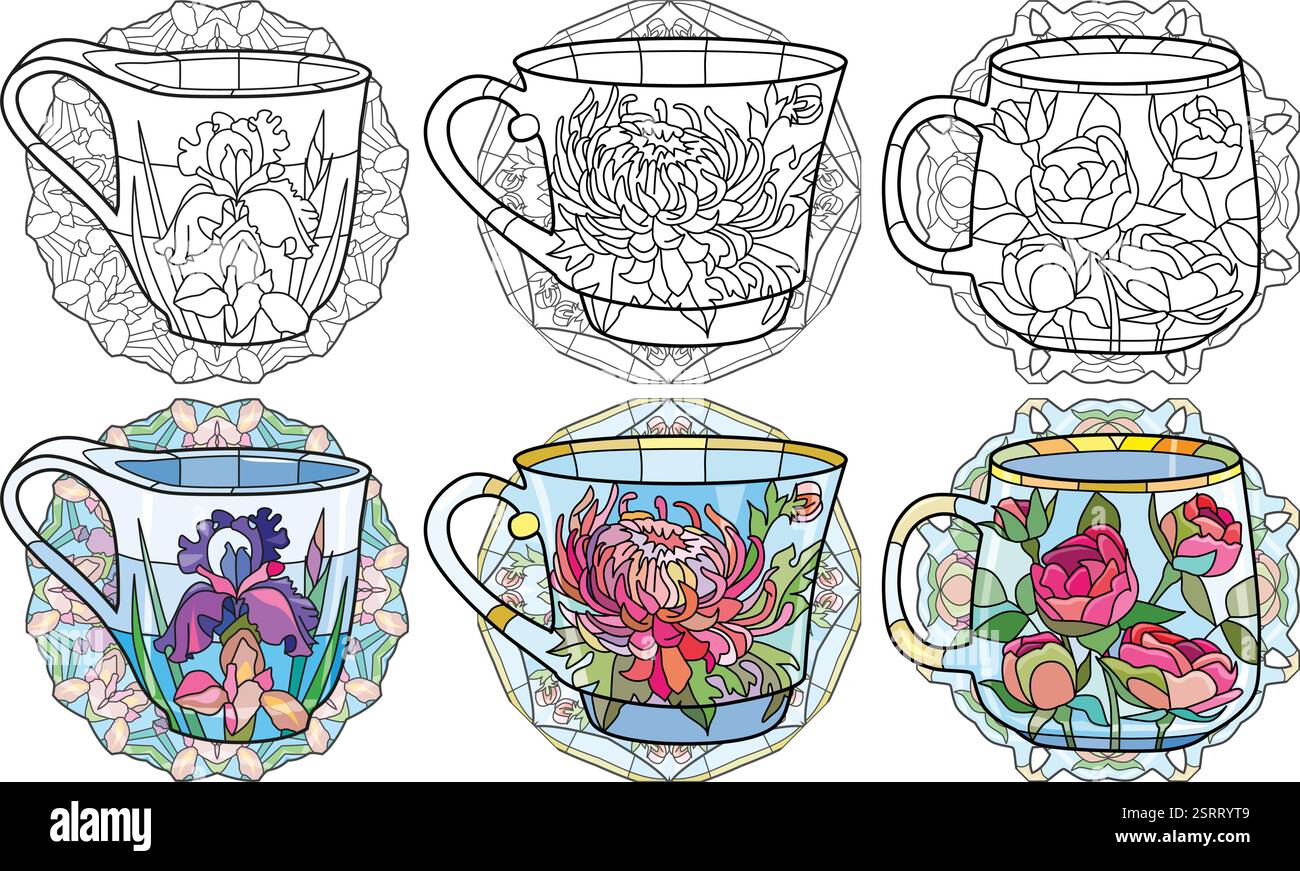 Vector coffee or tea cups with flowers on mandalas. Color and outline ...