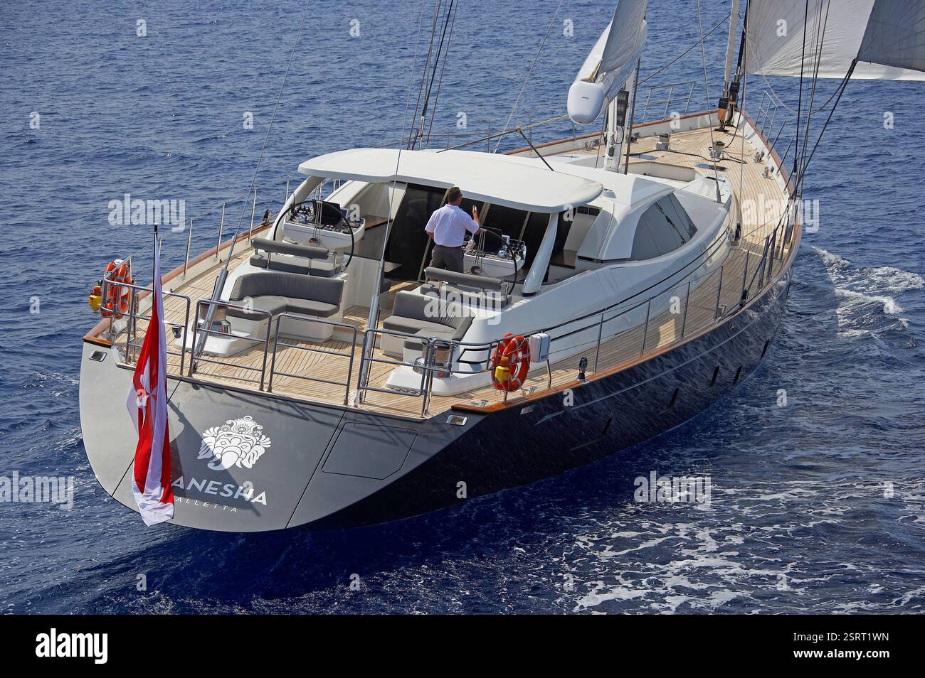 Aerial Stern View of Luxurious Modern Yacht Sailing Ganesha Peacefully ...