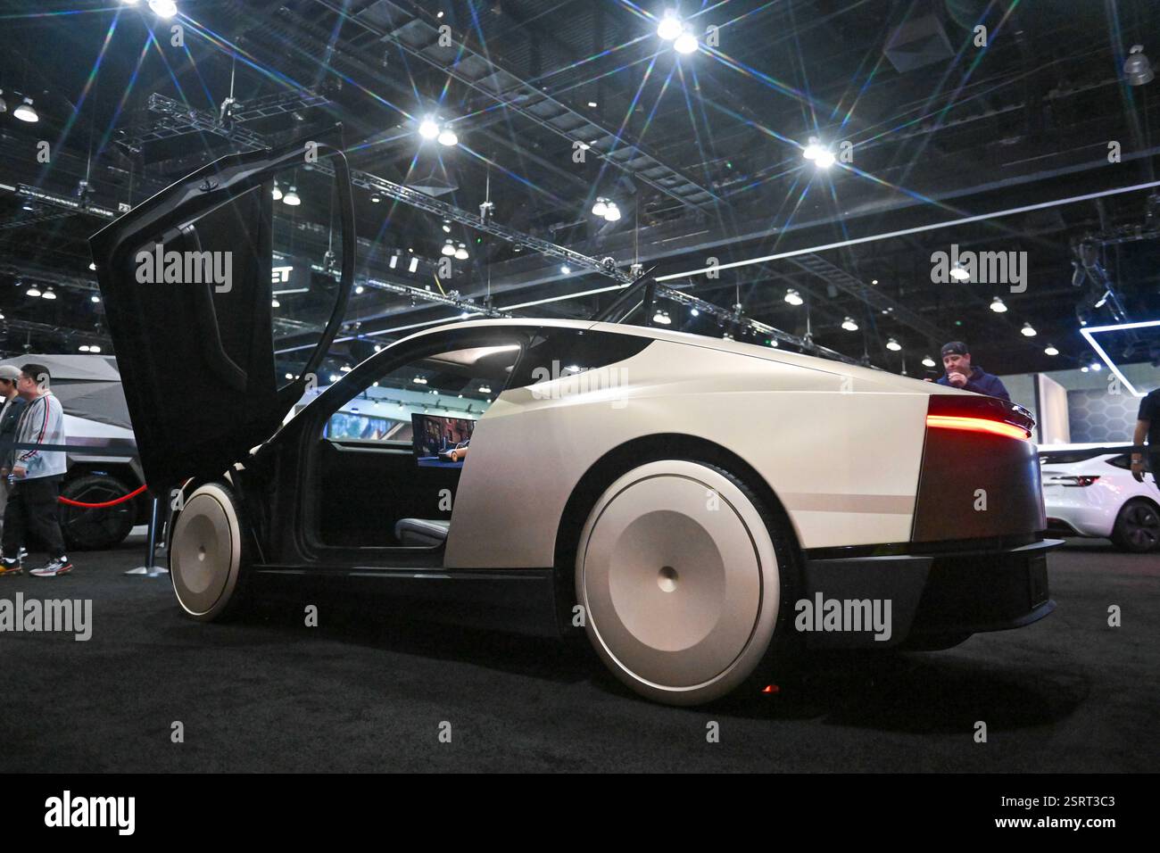 General overall view of the Tesla Cybercab on display at the LA Auto ...