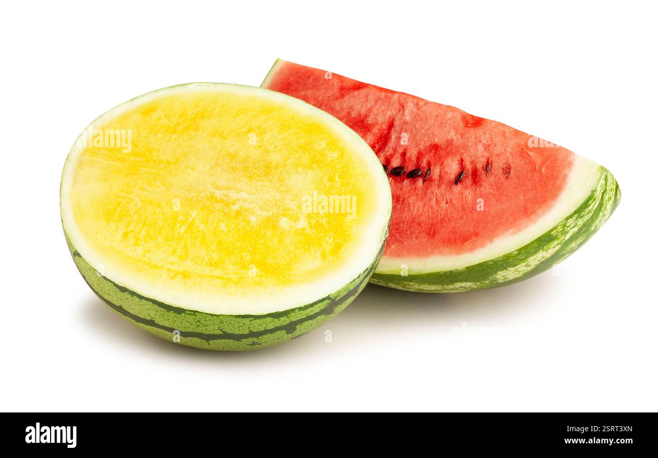 sliced yellow red watermelon mix path isolated on white Stock Photo - Alamy