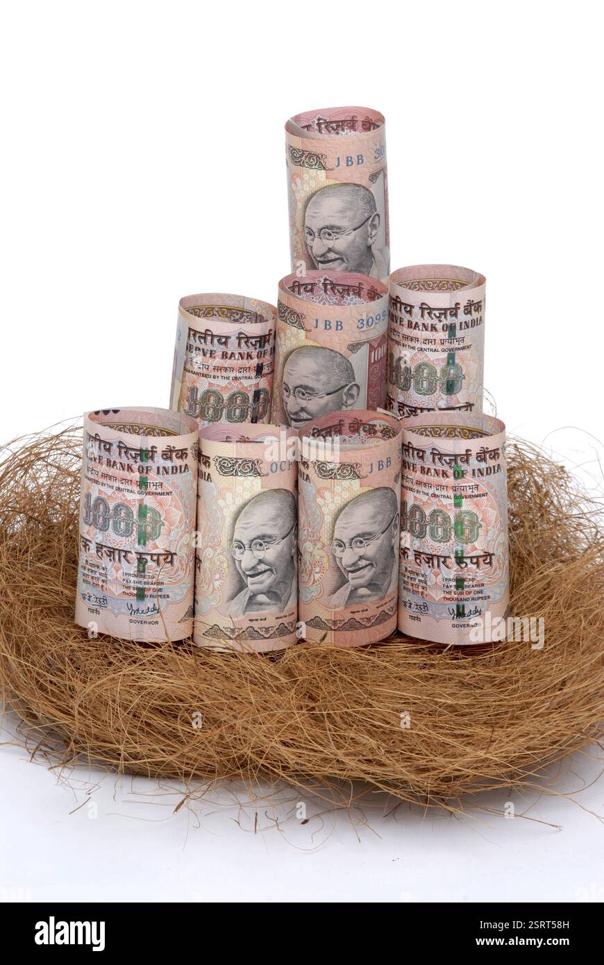 Thousand rupees notes on dry grass on white background Stock Photo - Alamy