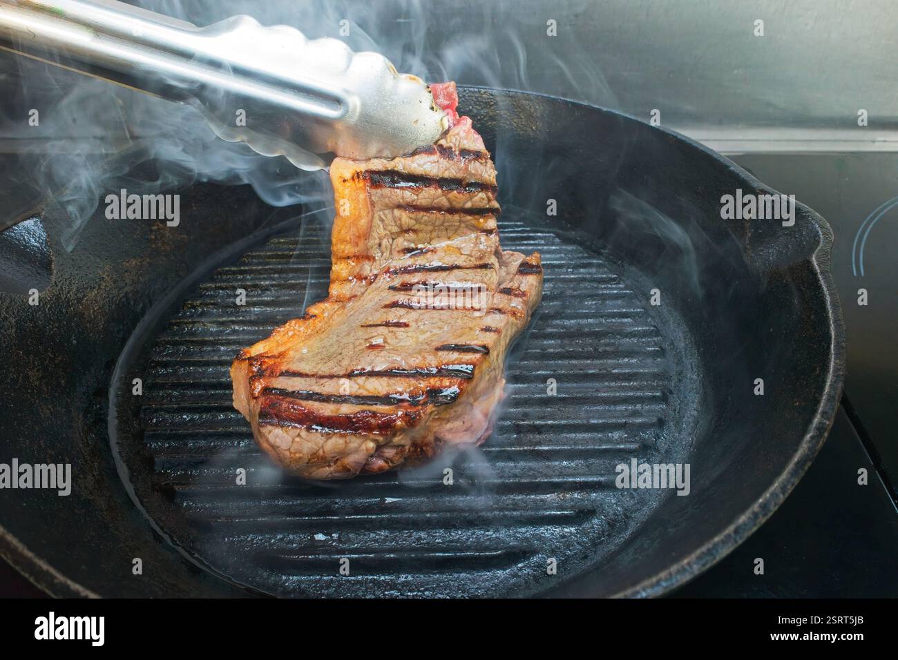 A collection of images depicting the process of frying sirloin steak in ...