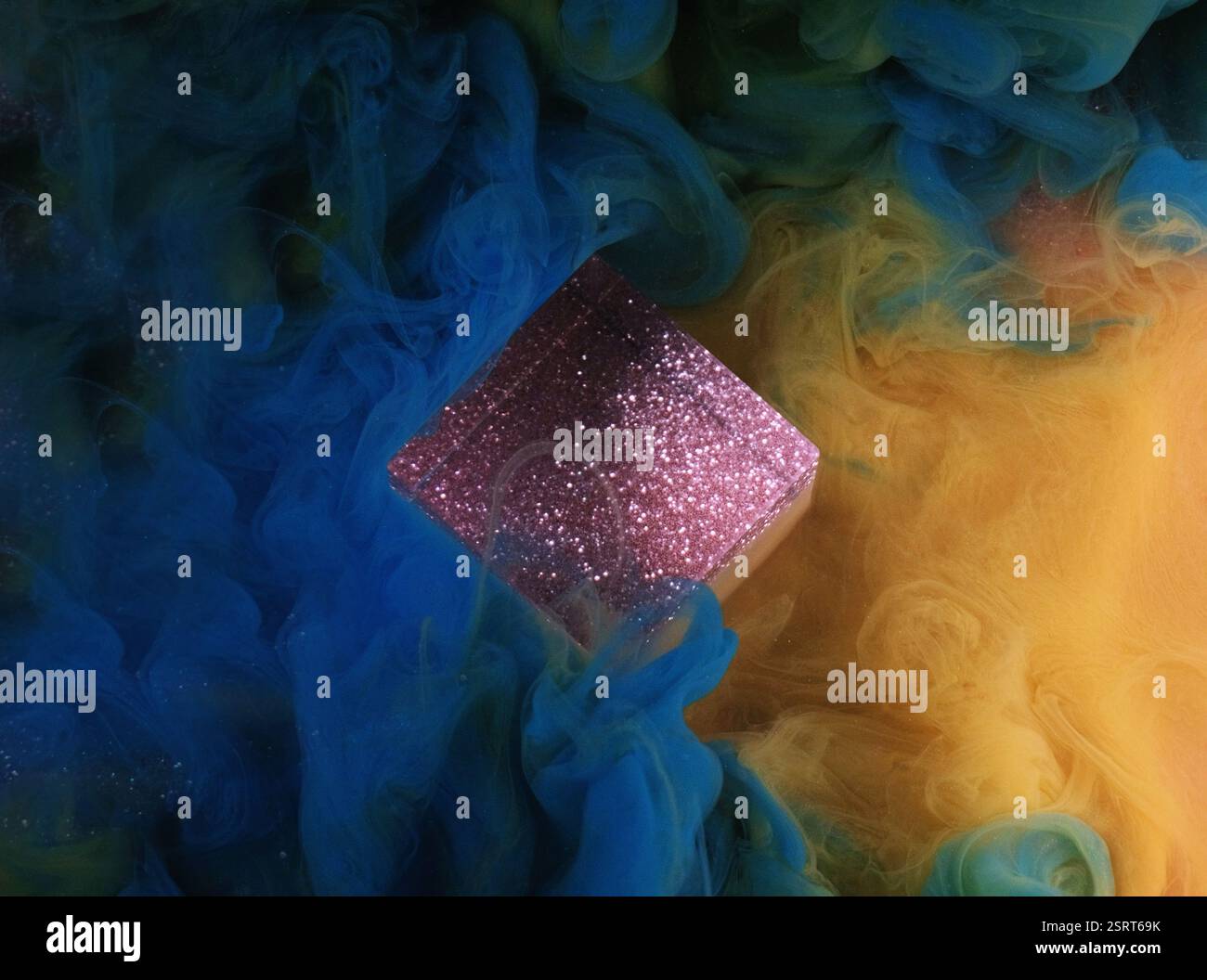 Acrylic paint spill. Ink soft blend. Bright yellow blue multicolor flow ...