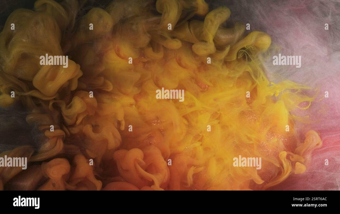 Cloud ink. Paint smoke splash. Yellow colorful fog sparkling glowing ...