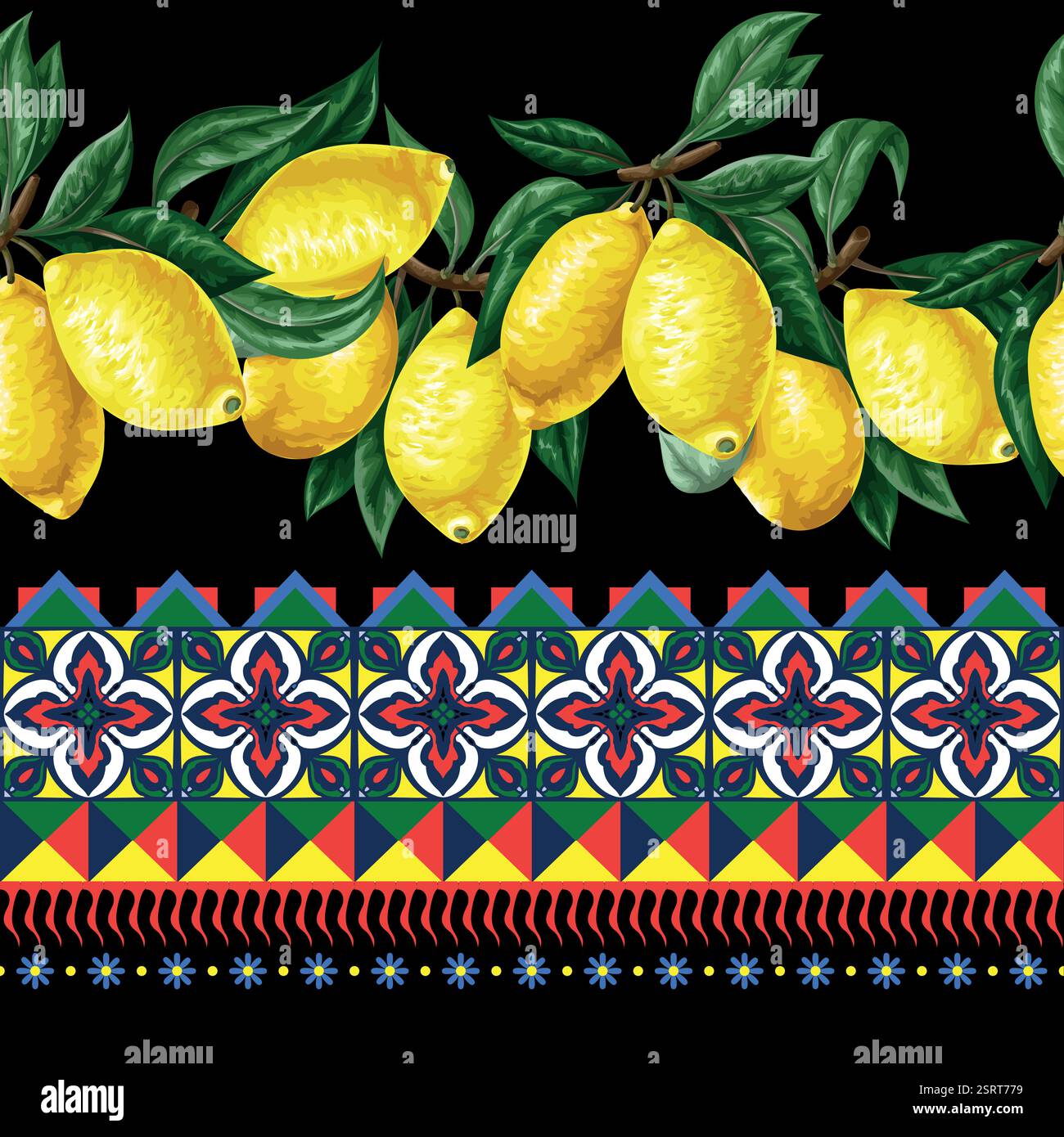 Seamless pattern with lemons and vivid tile ornament. Vector Stock ...