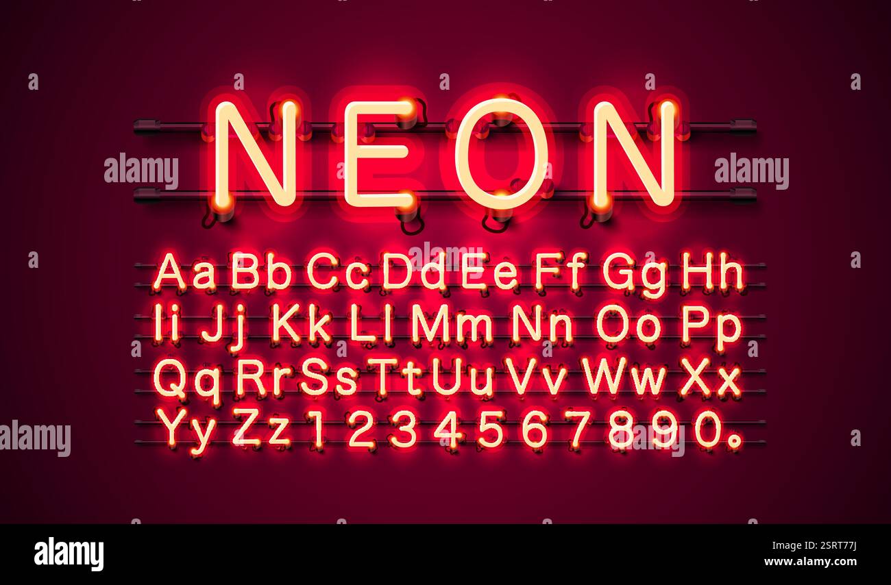 Neon city color red font. English alphabet and numbers sign. Vector ...