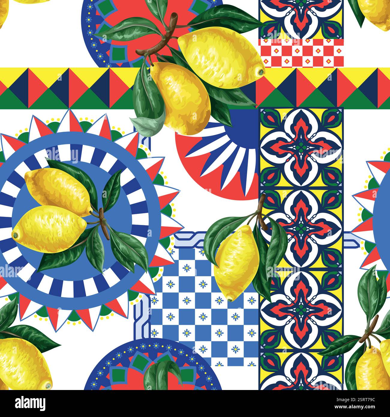 Seamless pattern with lemons and vivid tile ornament. Vector Stock ...