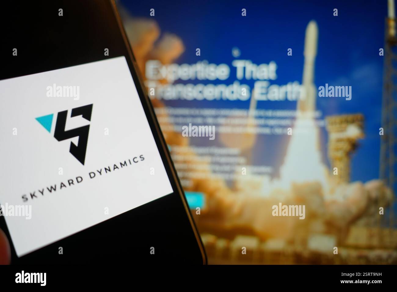 Roosendaal, The Netherlands - February 16, 2025: A mobile phone displaying the logo of Skyward ...