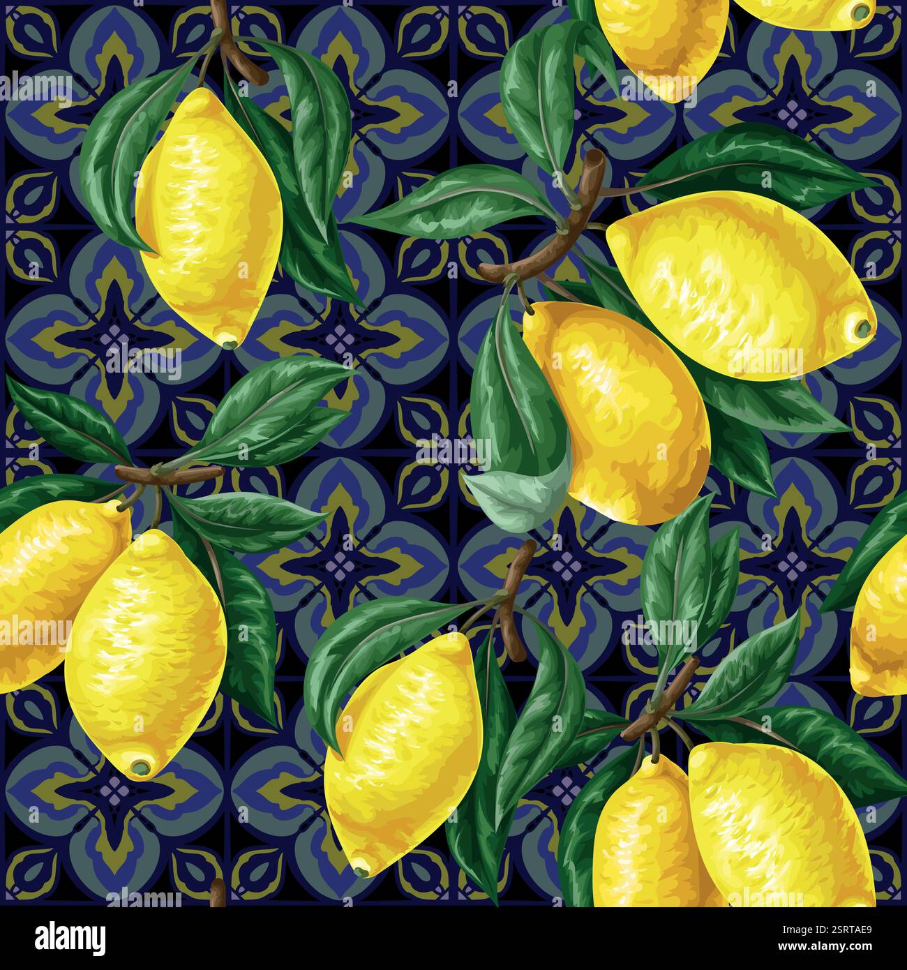 Seamless pattern with lemons and blue ornament. Vector Stock Vector ...