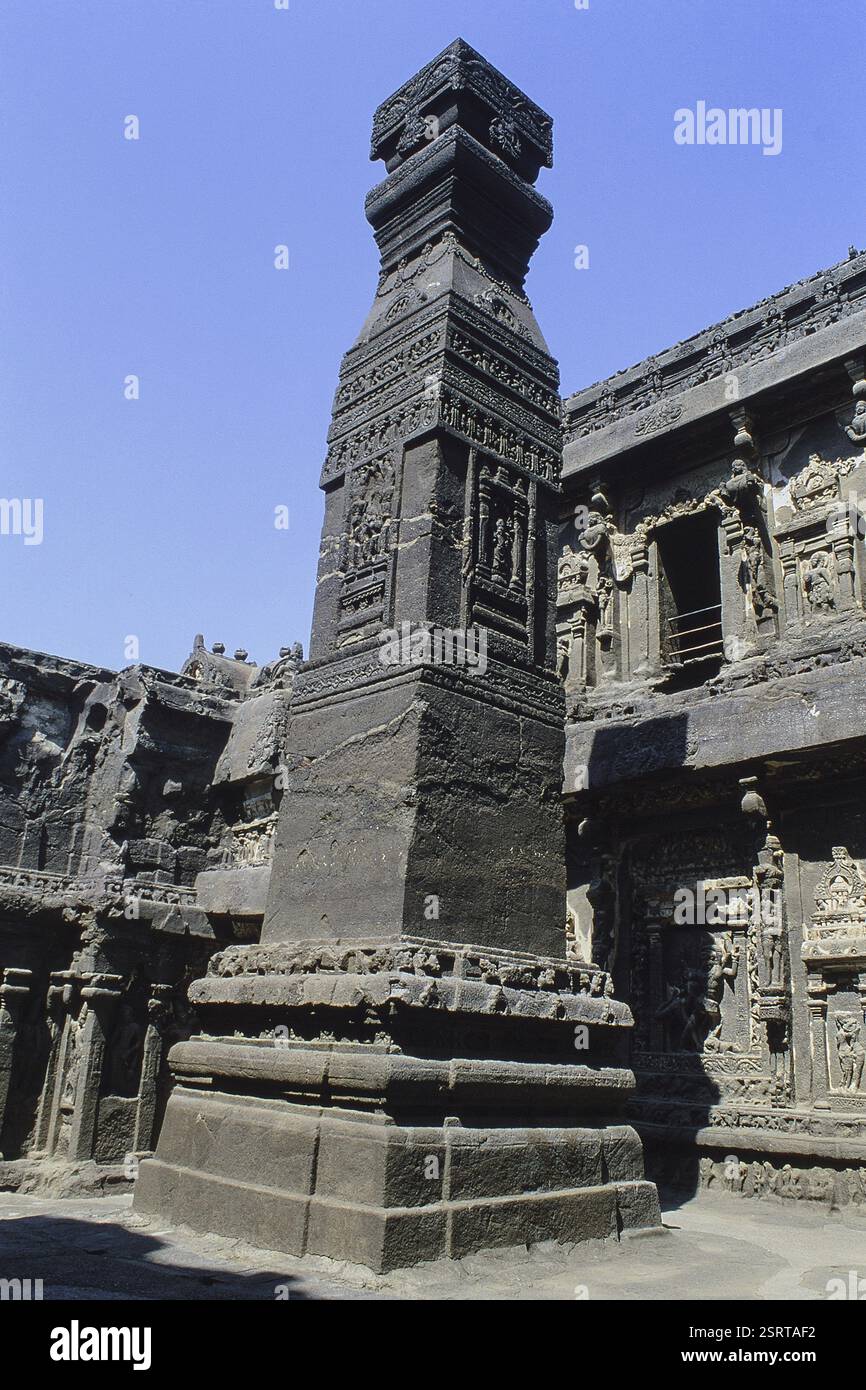 Carved Dhwaja Stambha outside Kailasa temple, Ellora, Aurangabad ...