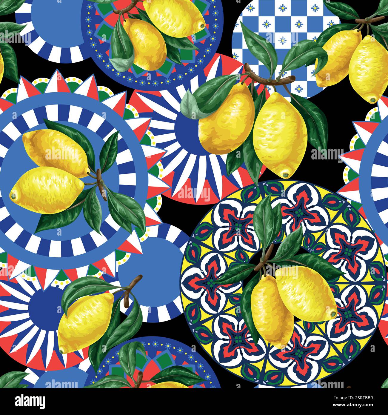 Seamless pattern with lemons and vivid tile ornament. Vector Stock ...