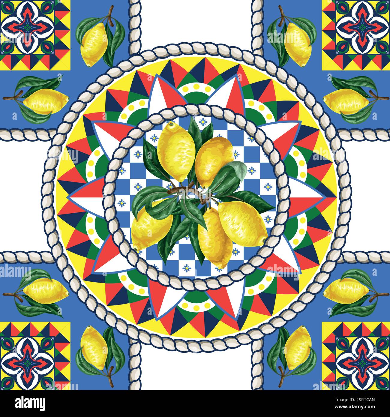 Seamless pattern with lemons and vivid tile ornament. Vector Stock ...