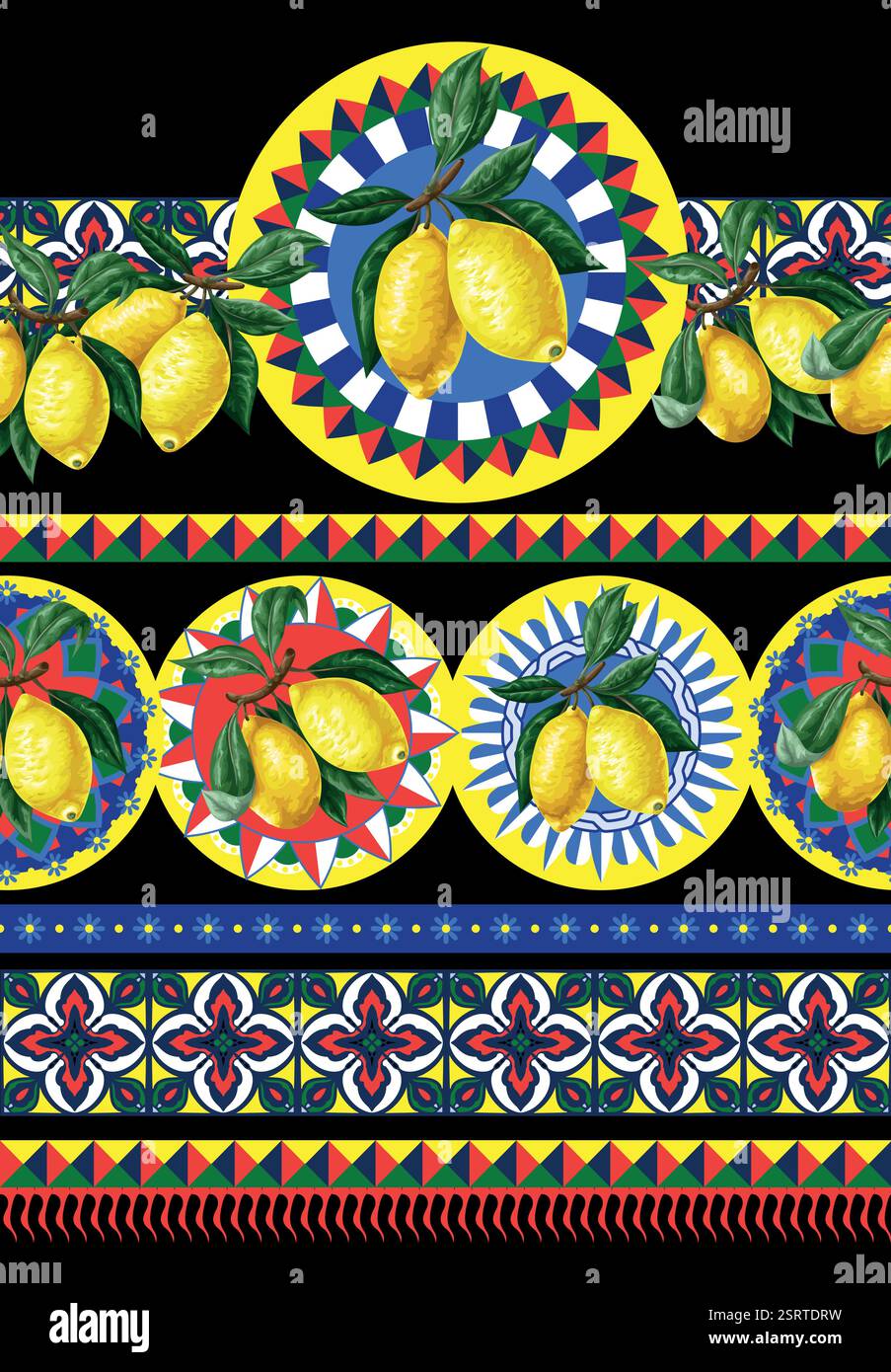 Seamless pattern with lemons and vivid tile ornament. Vector Stock ...