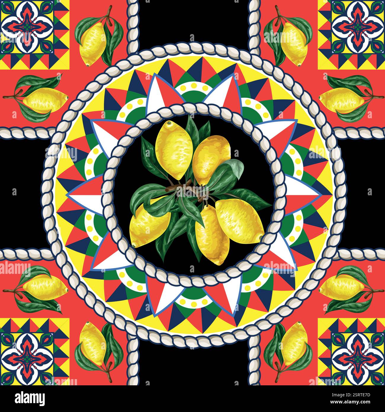Seamless pattern with lemons and vivid tile ornament. Vector Stock ...