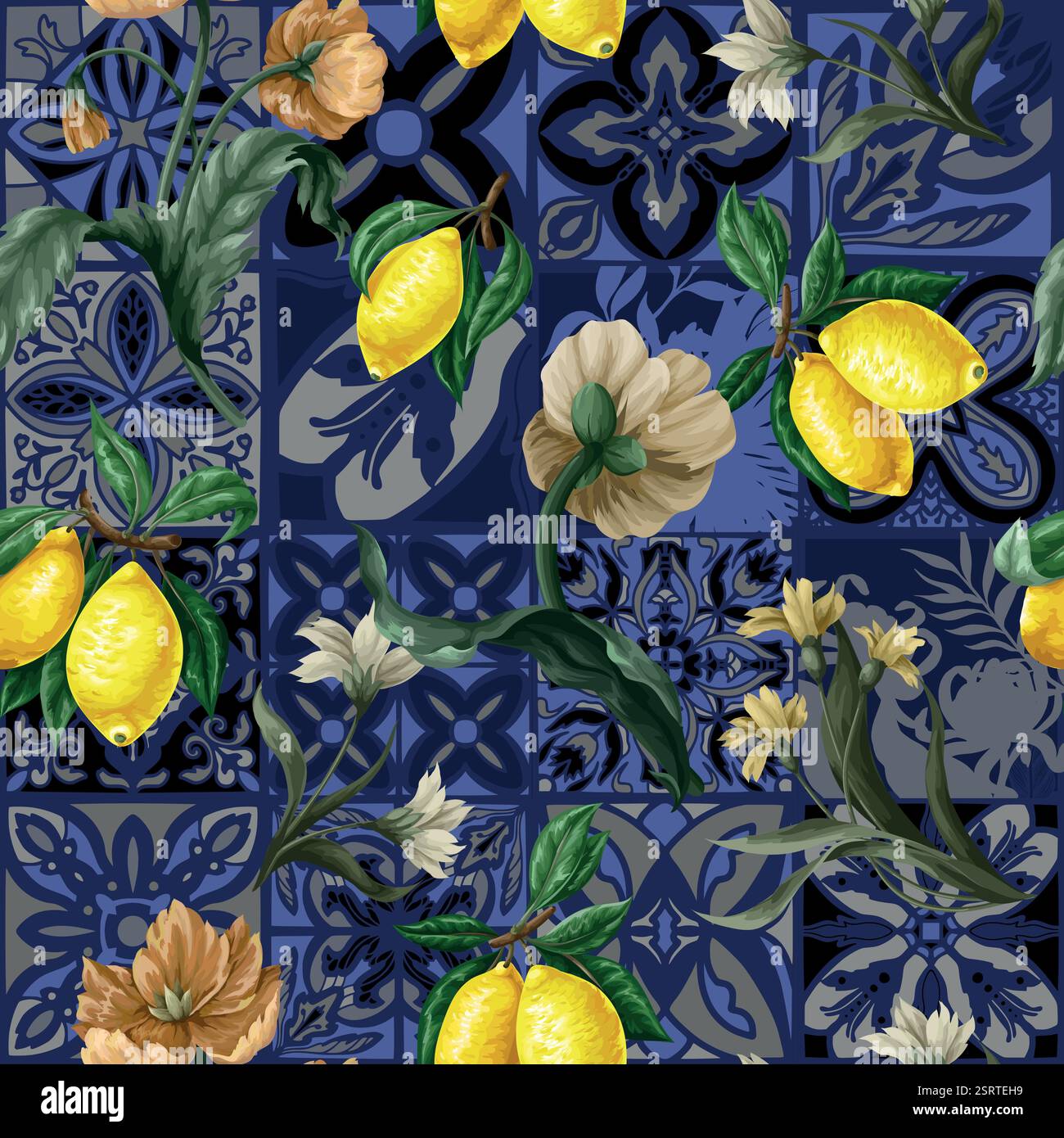 Seamless pattern with lemons and blue ornament. Vector Stock Vector ...