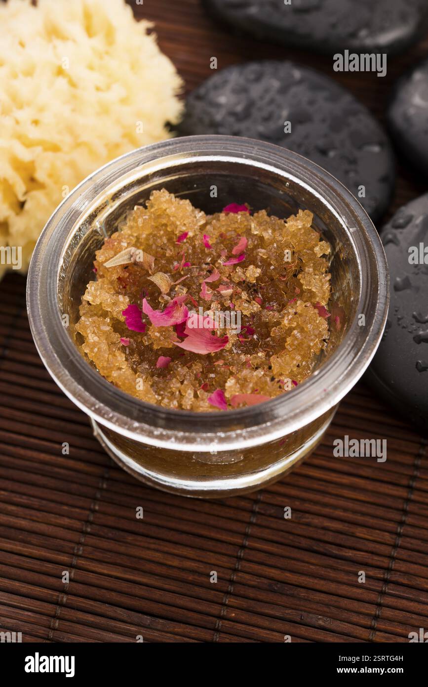 Homemade body peeling with sugar, olive oil and rose petal Stock Photo ...