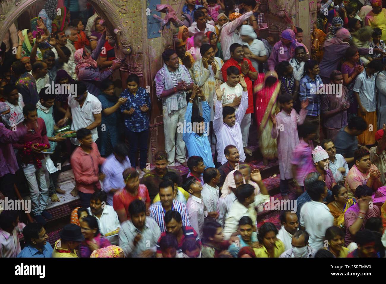 People celebrating Holi festival of colour, Banke Bihari Temple, Uttar ...