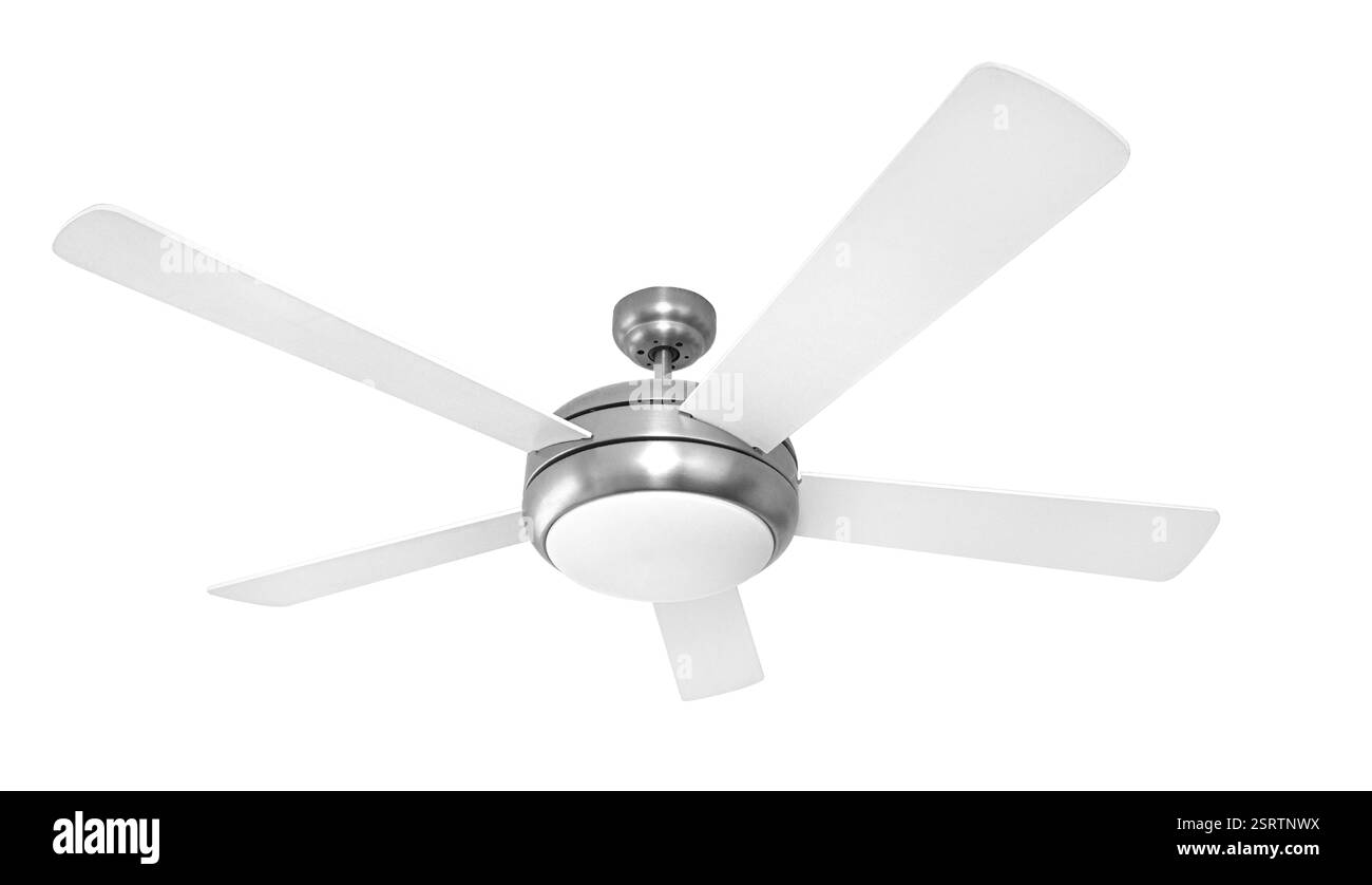 Modern white and silver ceiling fan with light rotating, providing ...