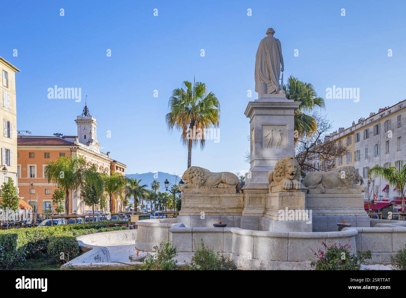 The lion fountain with the marble statue of Napoleon Bonaparte on Place ...