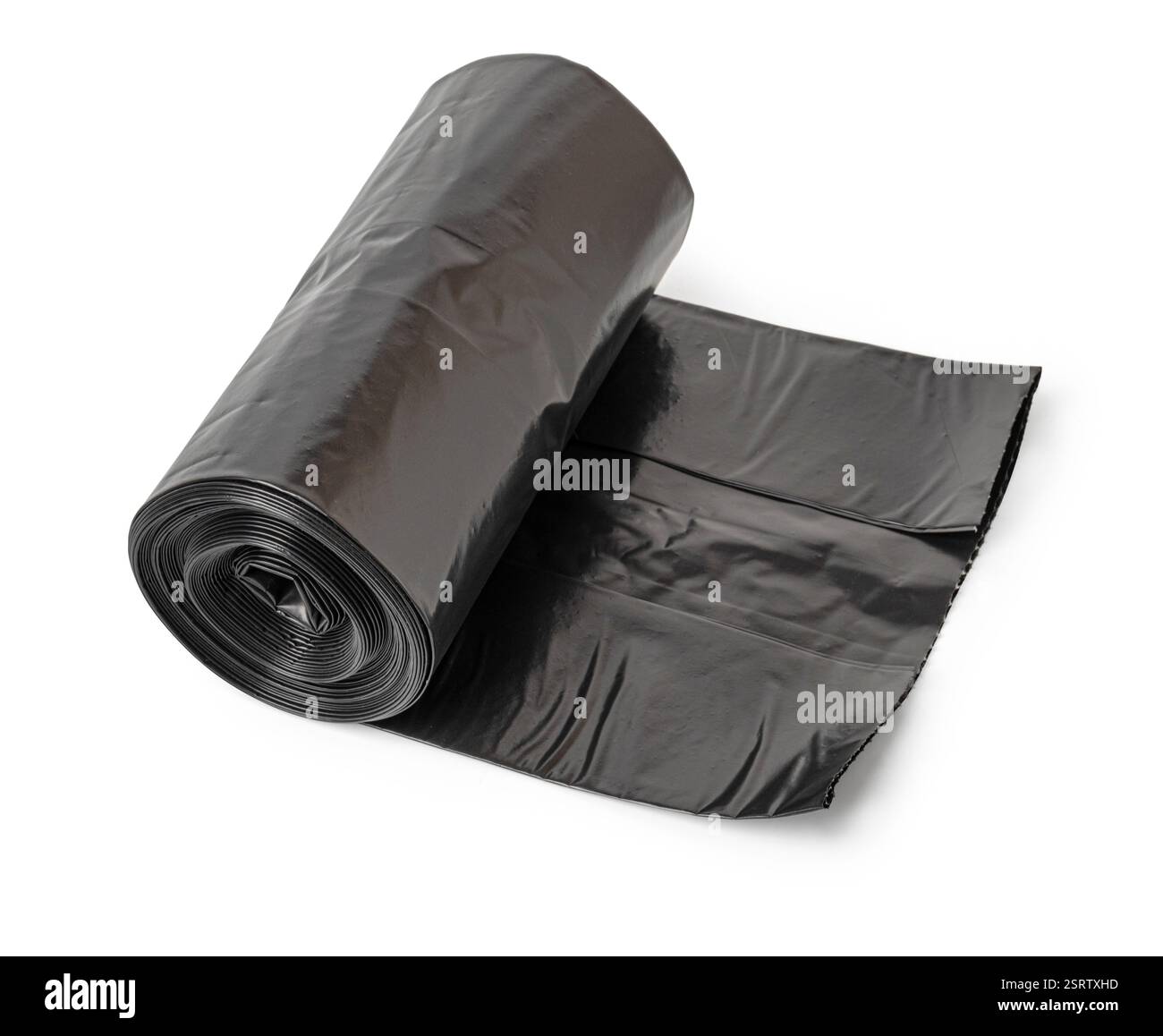 Black plastic garbage bag roll unrolling on a white background, ready ...