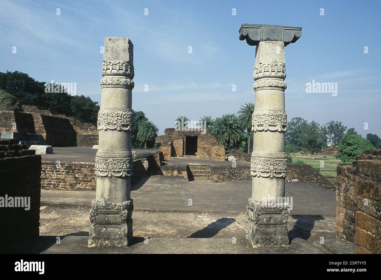 Carved columns at Nalanda University Complex, Nalanda, Bihar, India ...
