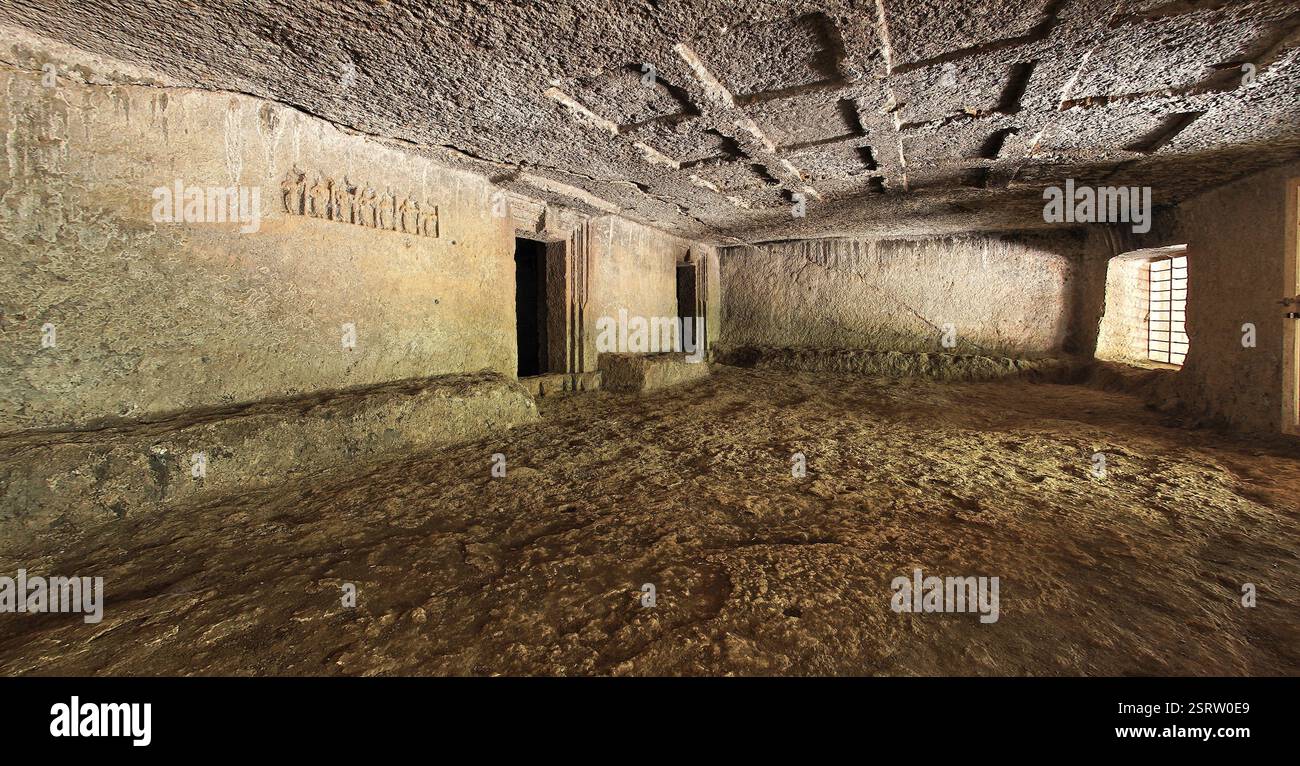 Cave number two ceiling with rock-cut beams and rafters in Panhale Kazi ...