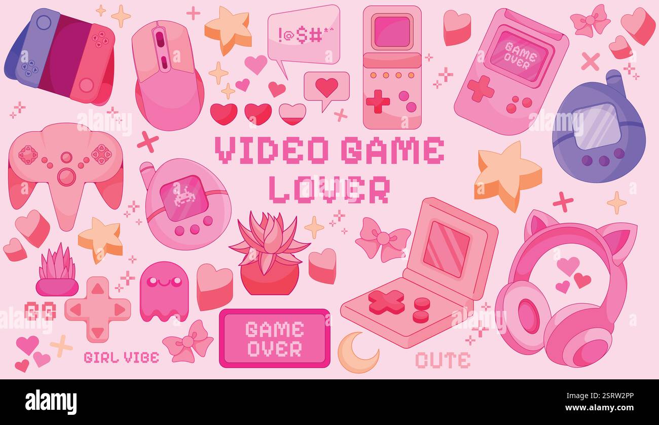 Gamer stickers. Cute kawaii girl game. Pink cat controller. Retro video ...