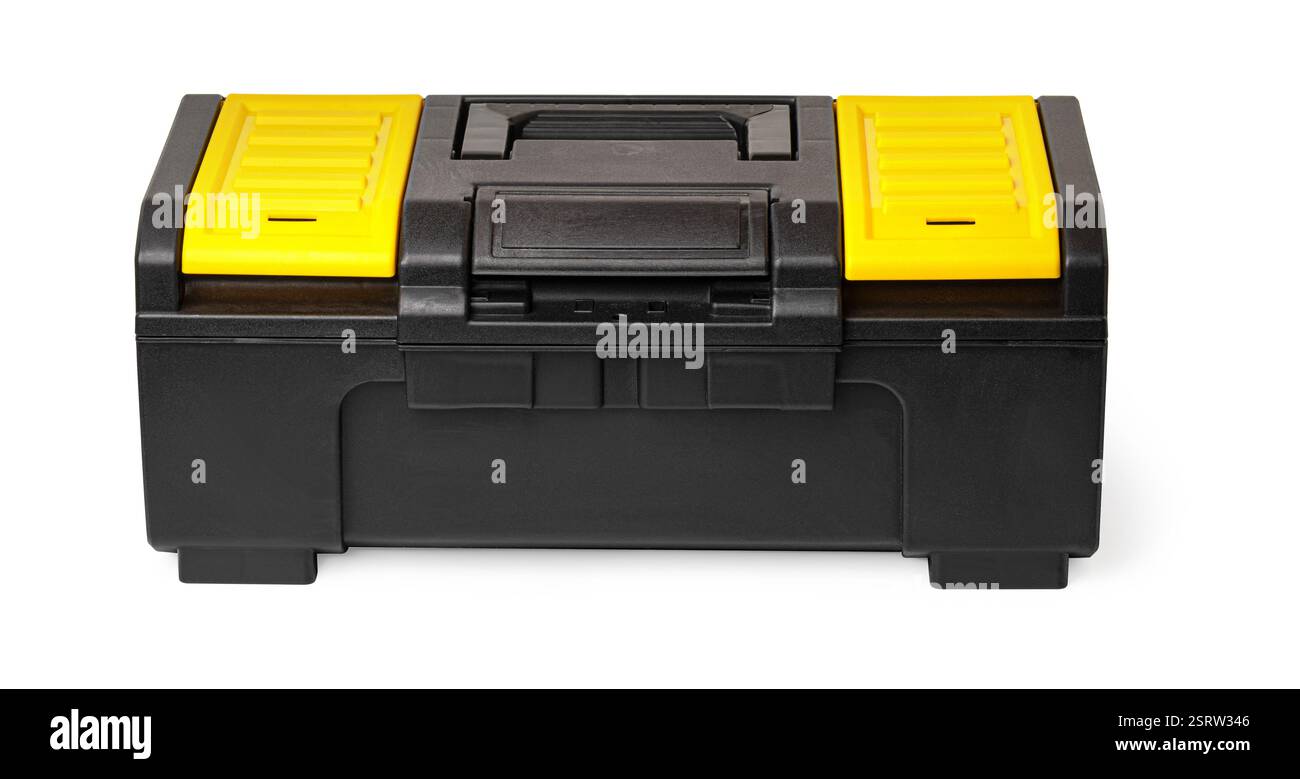 Closed plastic toolbox with yellow handle and lid details, isolated on ...