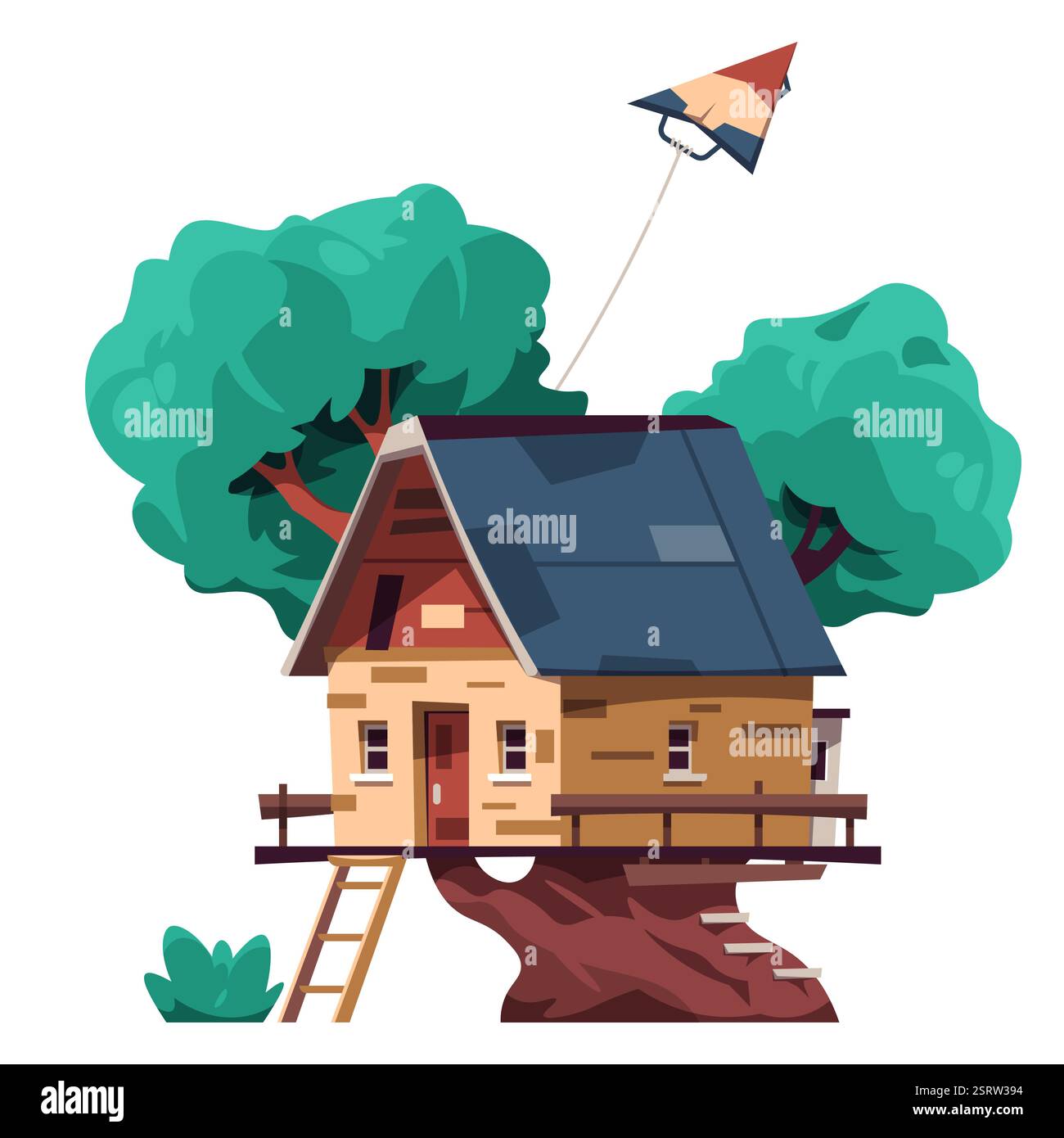 Children tree house. Kids playing construction. Cabin with rope or ...