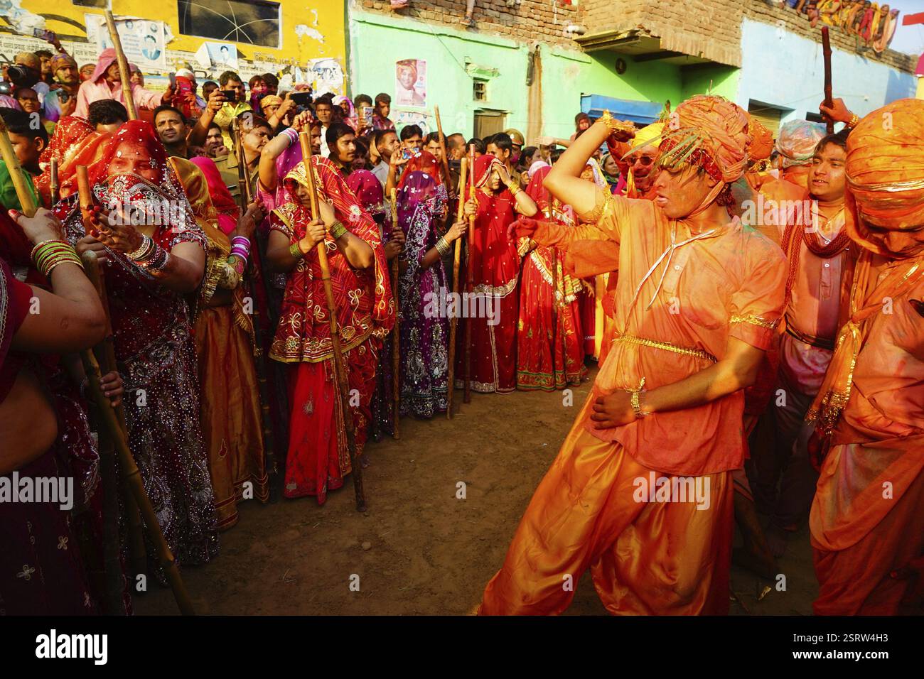 Men dancing, Lathmar Holi festival, Mathura, Uttar Pradesh, India, Asia ...