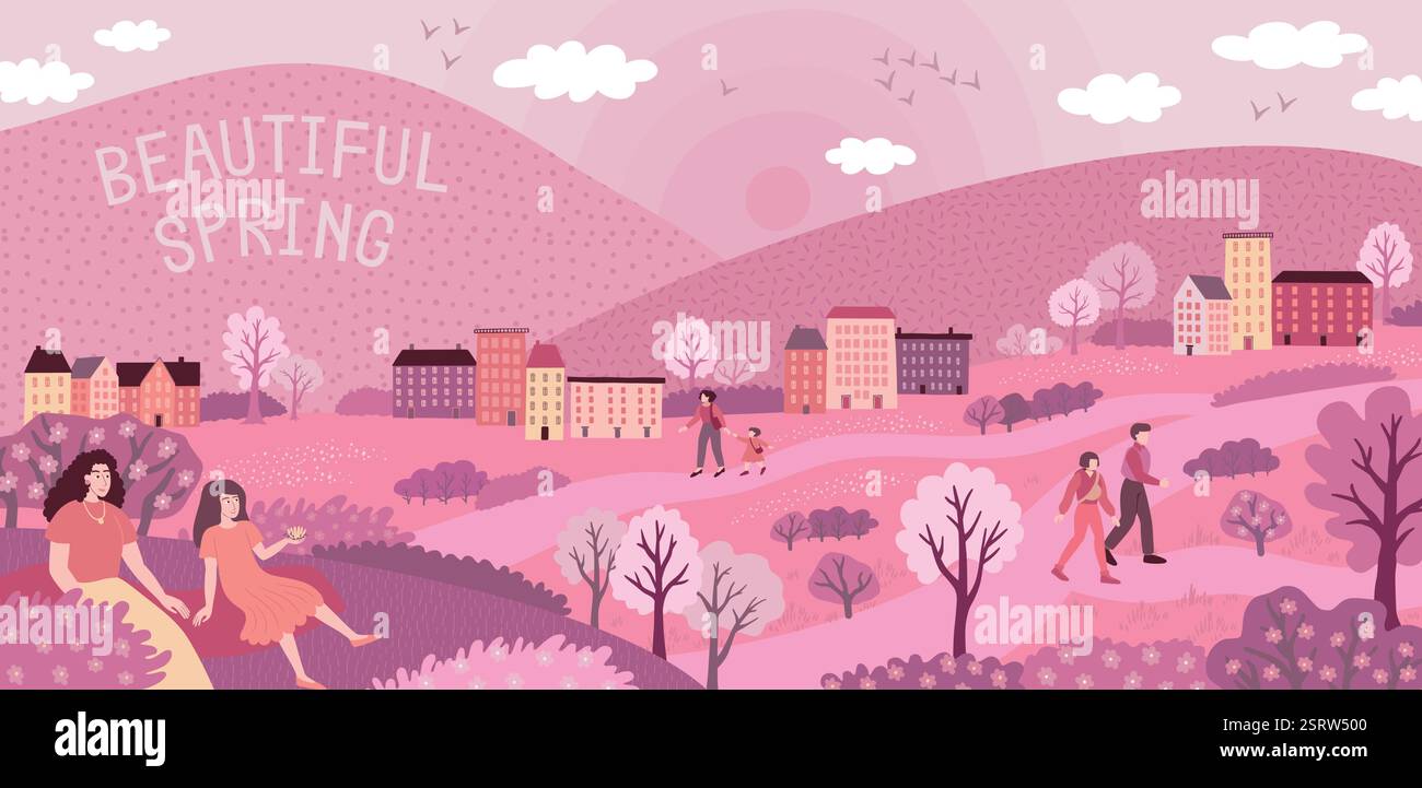 Spring background. Cherry blossom, cute sakura flowers and tree. Pink ...