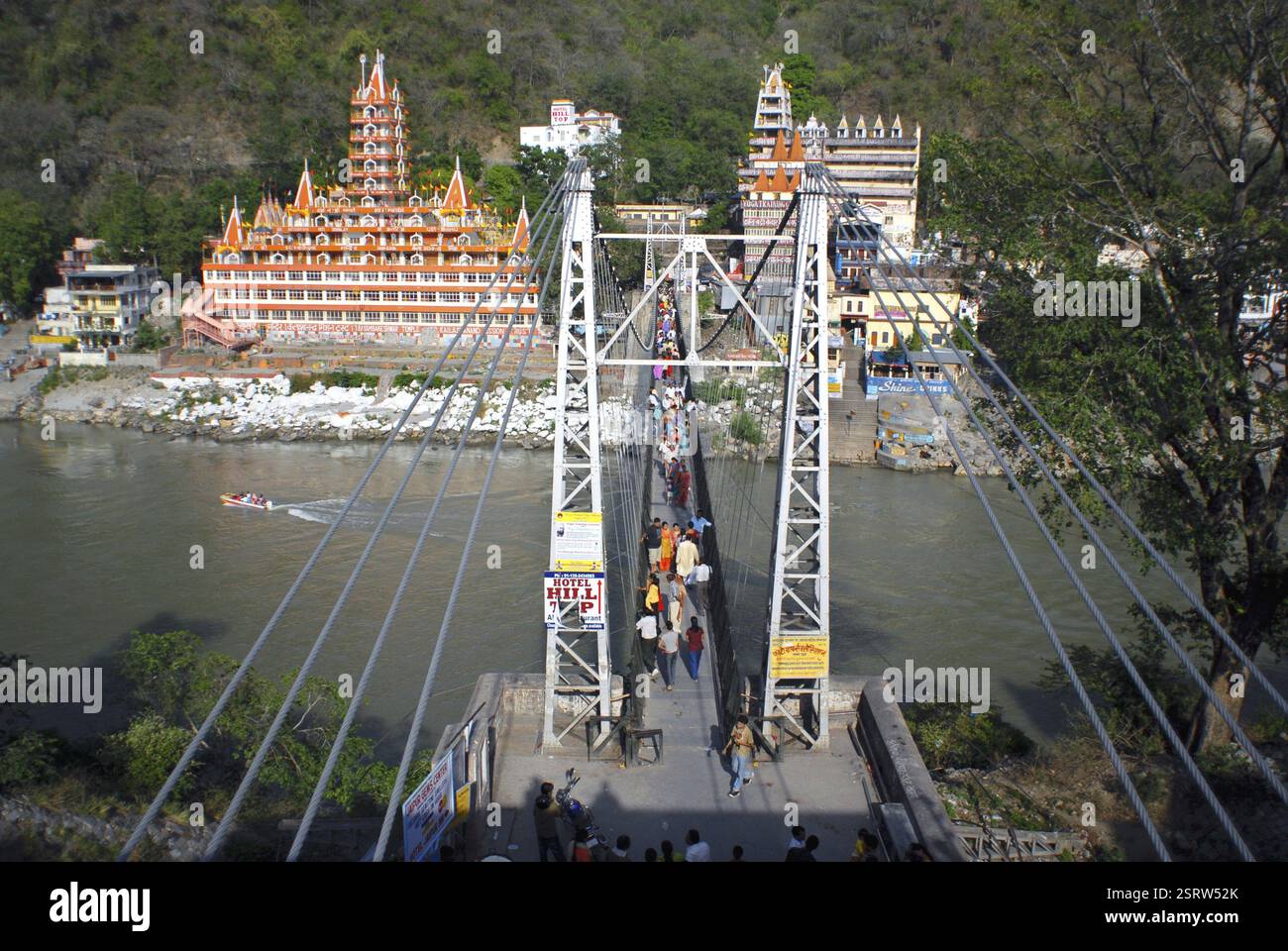 View of suspended cable stayed lakshman jhula build in 1939 on holy ...