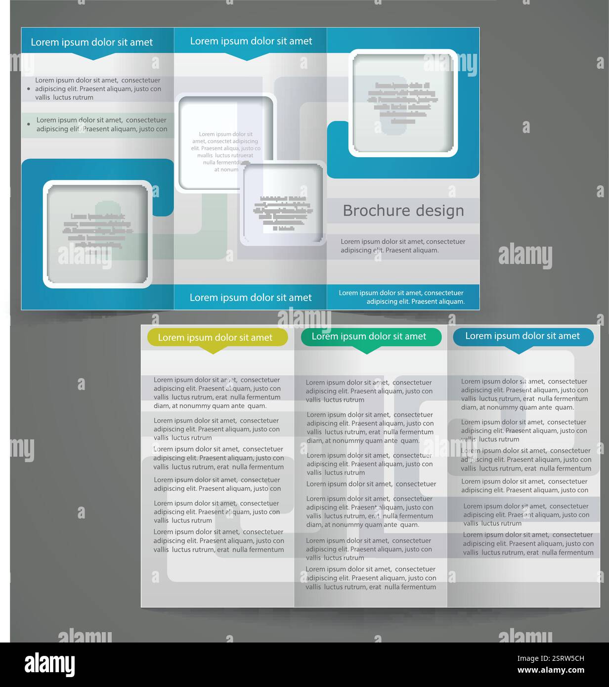 Tri-fold business brochure template, vector blue flyer design with ...