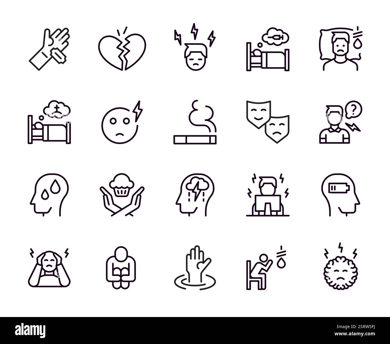 Anxiety icons. Mental health. Depress pictograms. Bad lonely and ...