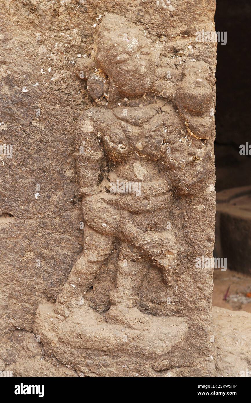 River goddess carved on wall in cave, Gaur Lene, Panhale Kazi caves ...