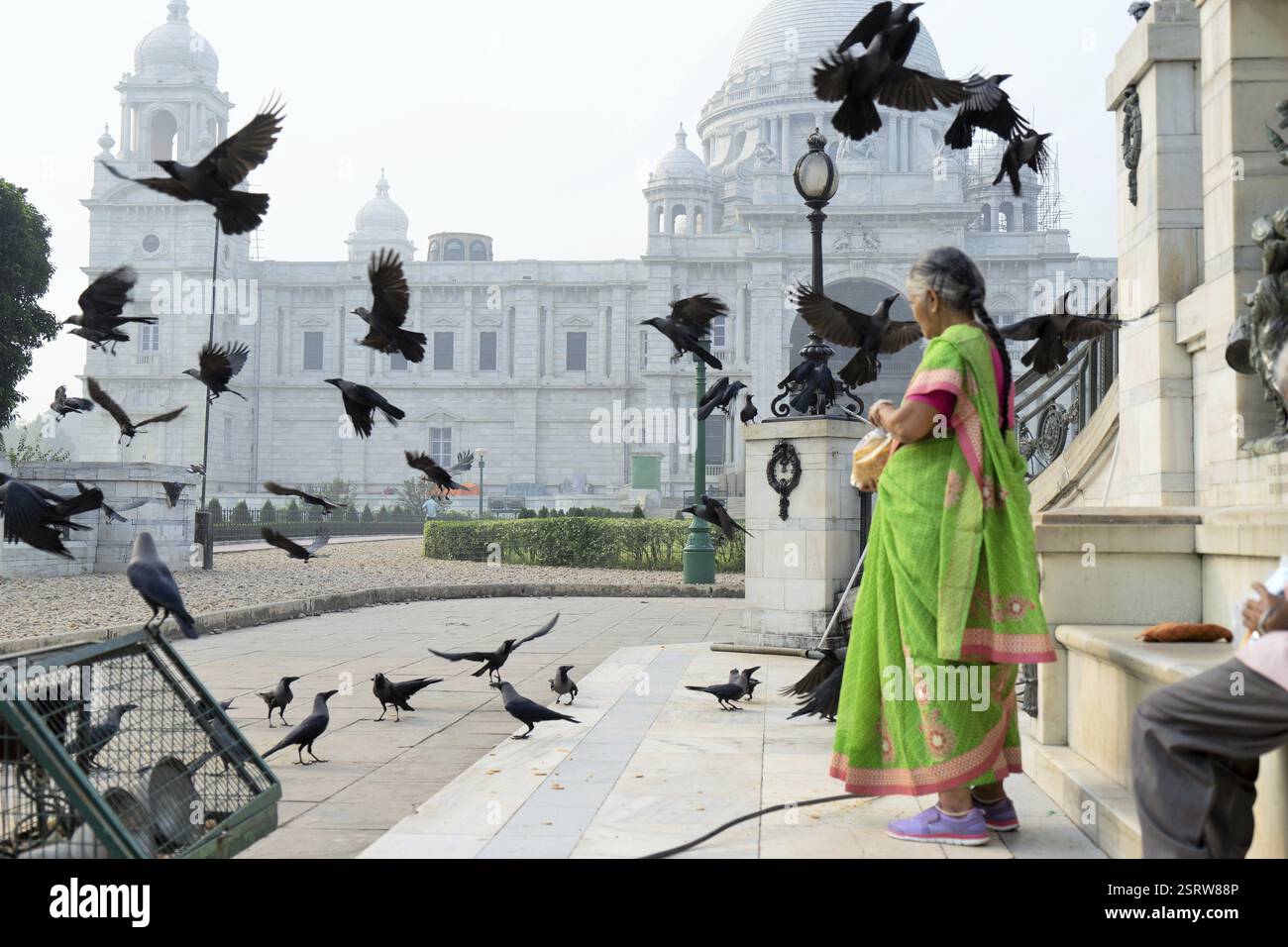 Woman feeding crows, Victoria Memorial, Kolkata, West Bengal, India ...