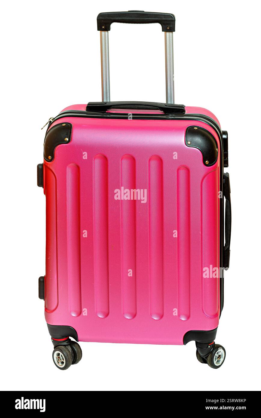 Pink hard shell suitcase on wheels, isolated on white background ...