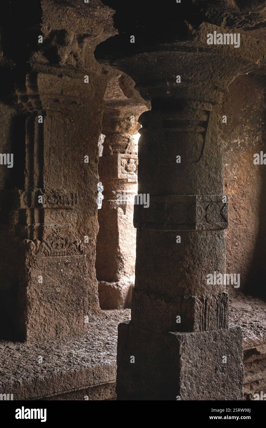 Sculptured pillars in cave number nineteen in Panhale Kazi caves ...