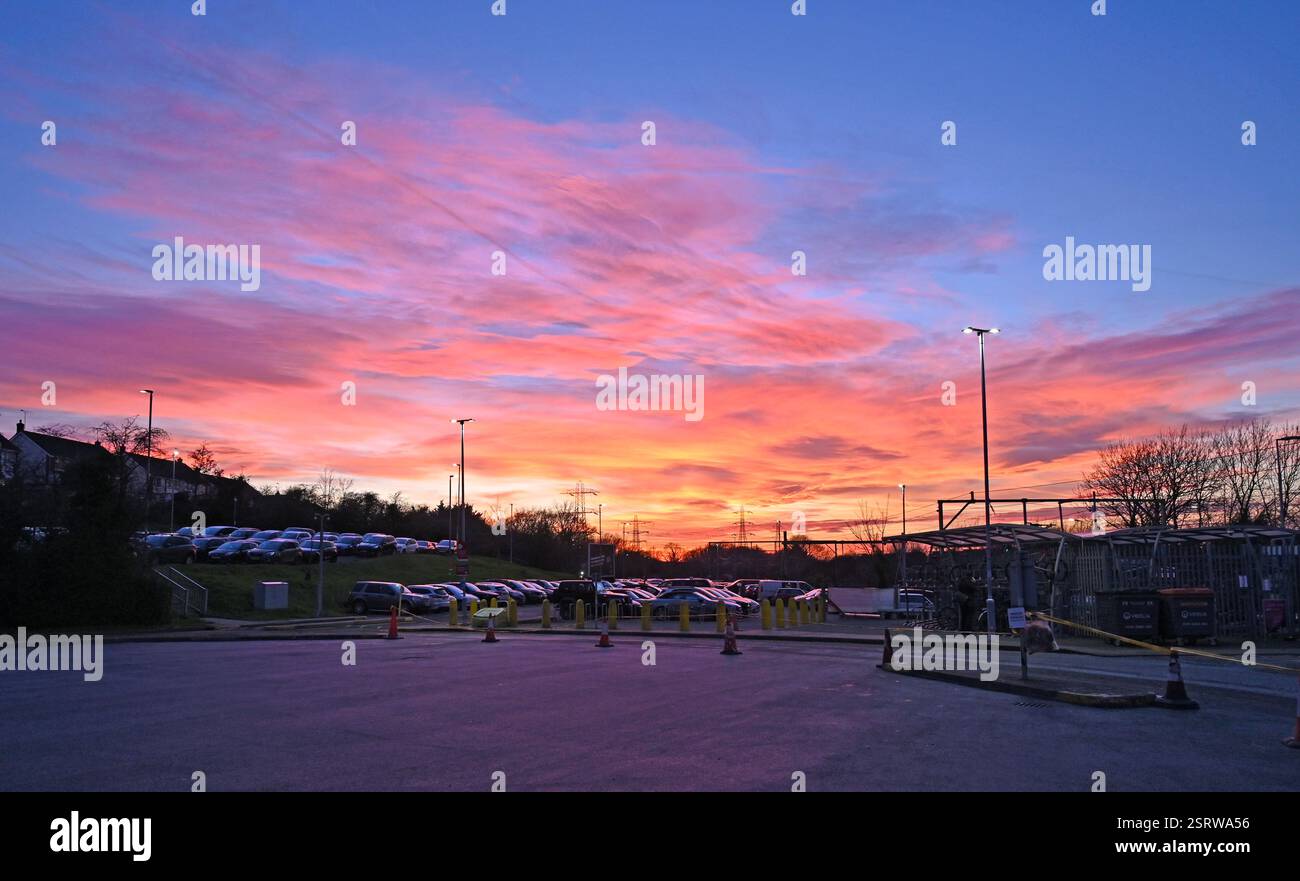 The Railway Station car park in Rayleigh, Essex, England, UK at sunset ...