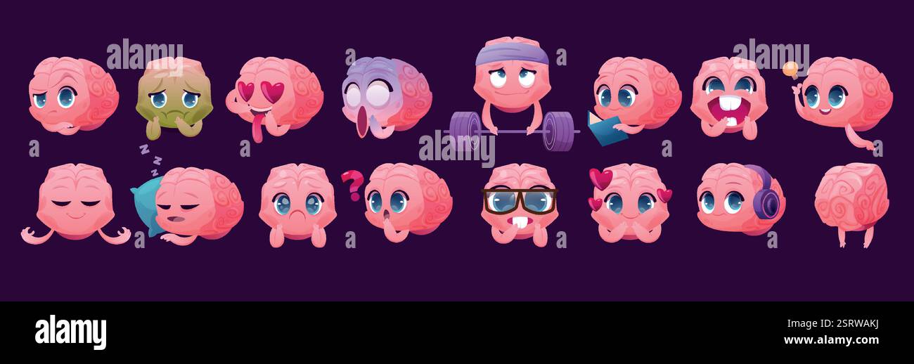 Cartoon brain. Cute emotion work character mascot, funny sport or ...