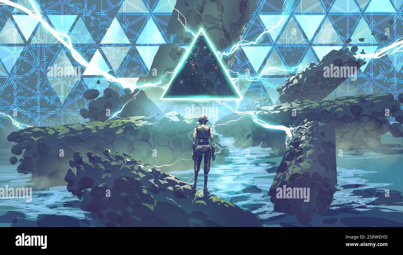Futuristic Robot Facing Glowing Triangle Portal Stock Photo - Alamy
